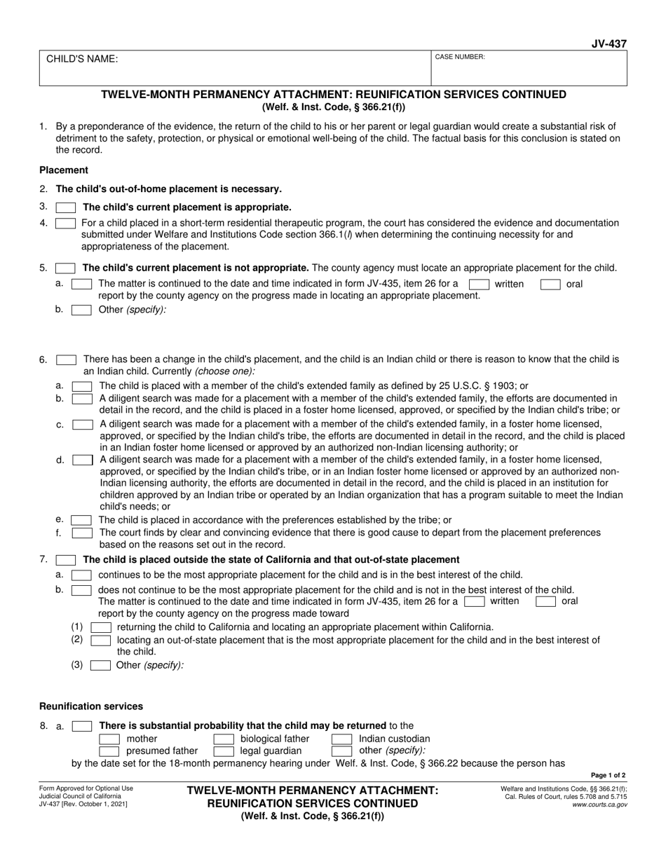 Form JV-437 Download Fillable PDF or Fill Online Twelve-Month ...