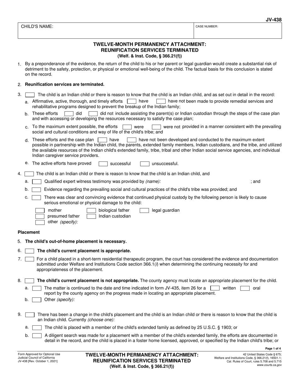 Form JV-438 Download Fillable PDF or Fill Online Twelve-Month ...