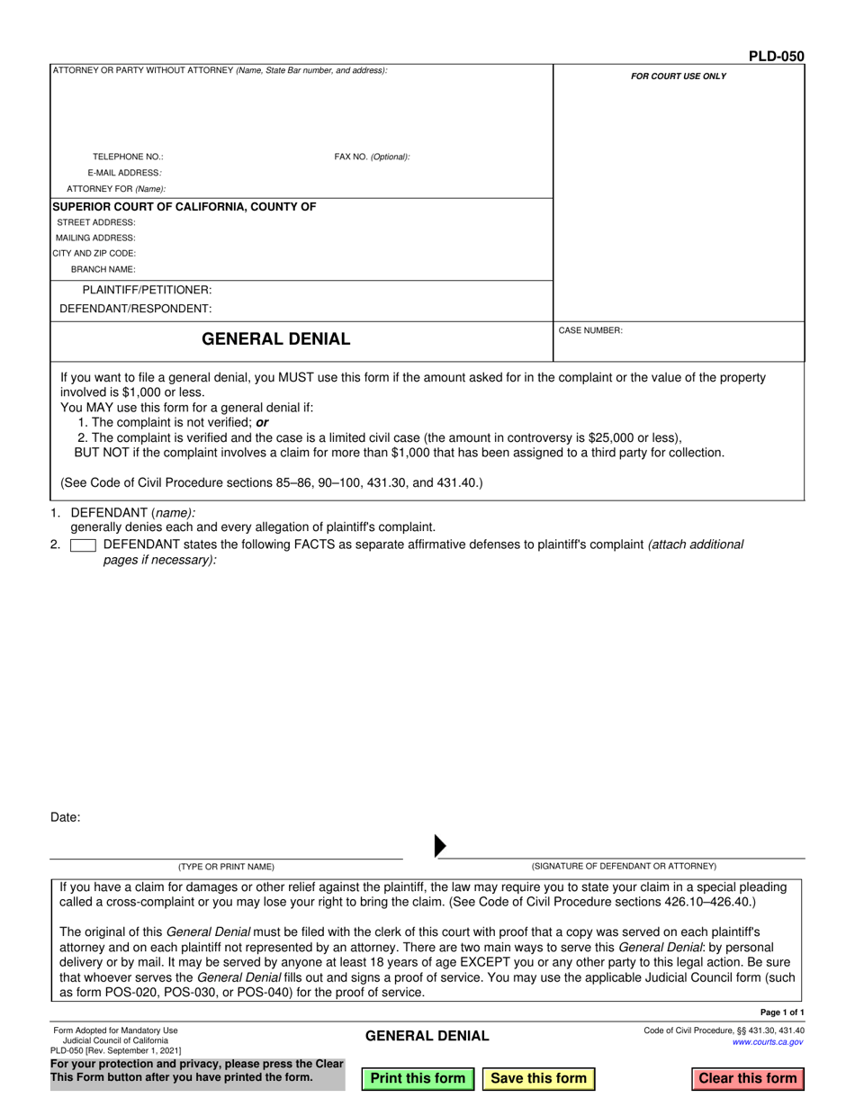 Form PLD-050 Download Fillable PDF or Fill Online General Denial ...