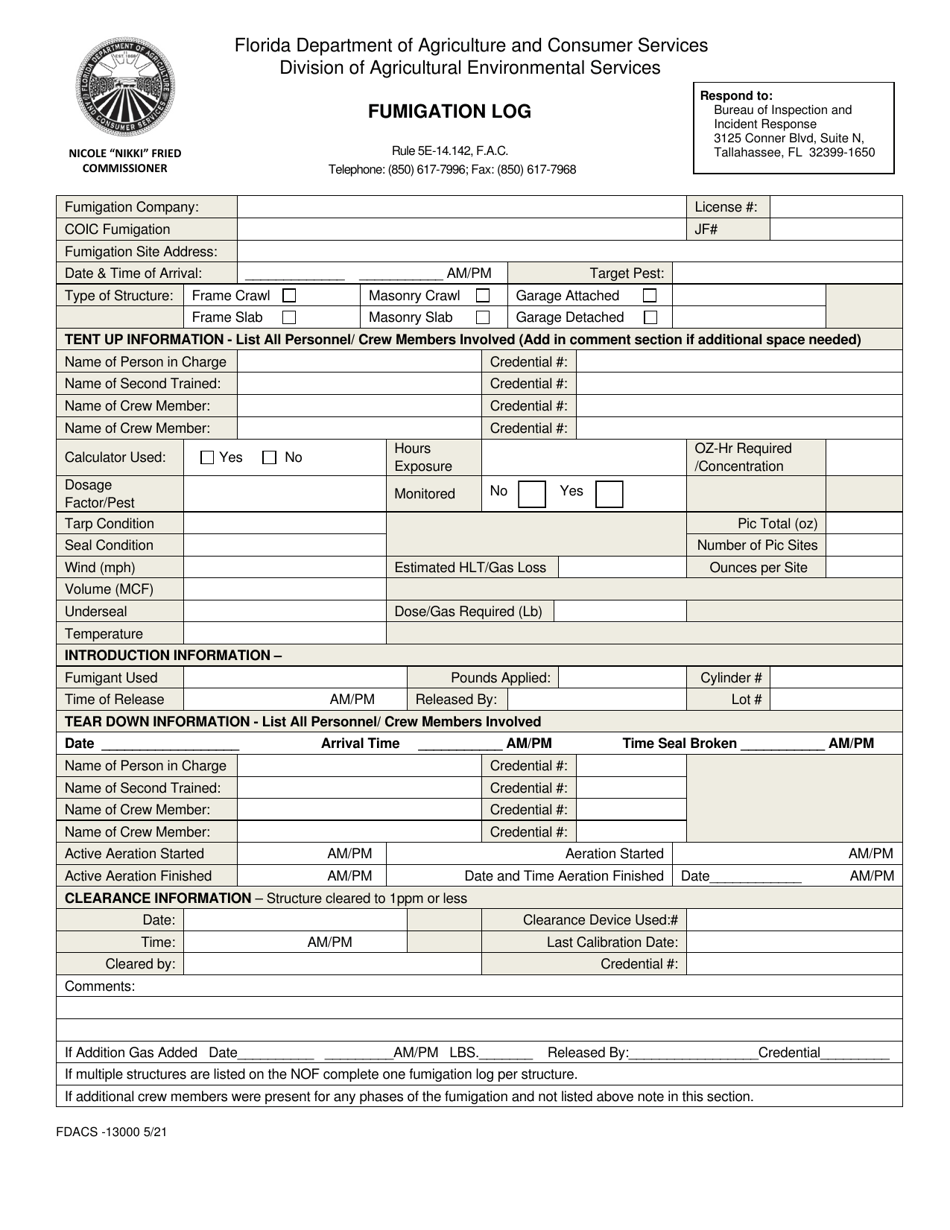 Form FDACS-13000 Download Fillable PDF or Fill Online Fumigation Log ...