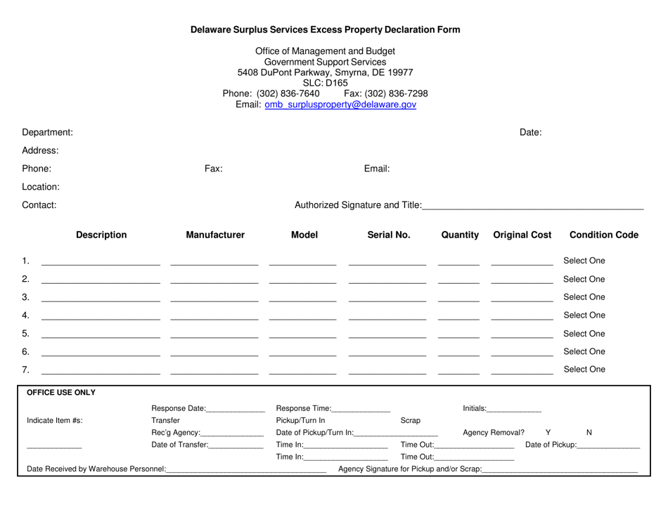 Delaware Delaware Surplus Services Excess Property Declaration Form ...
