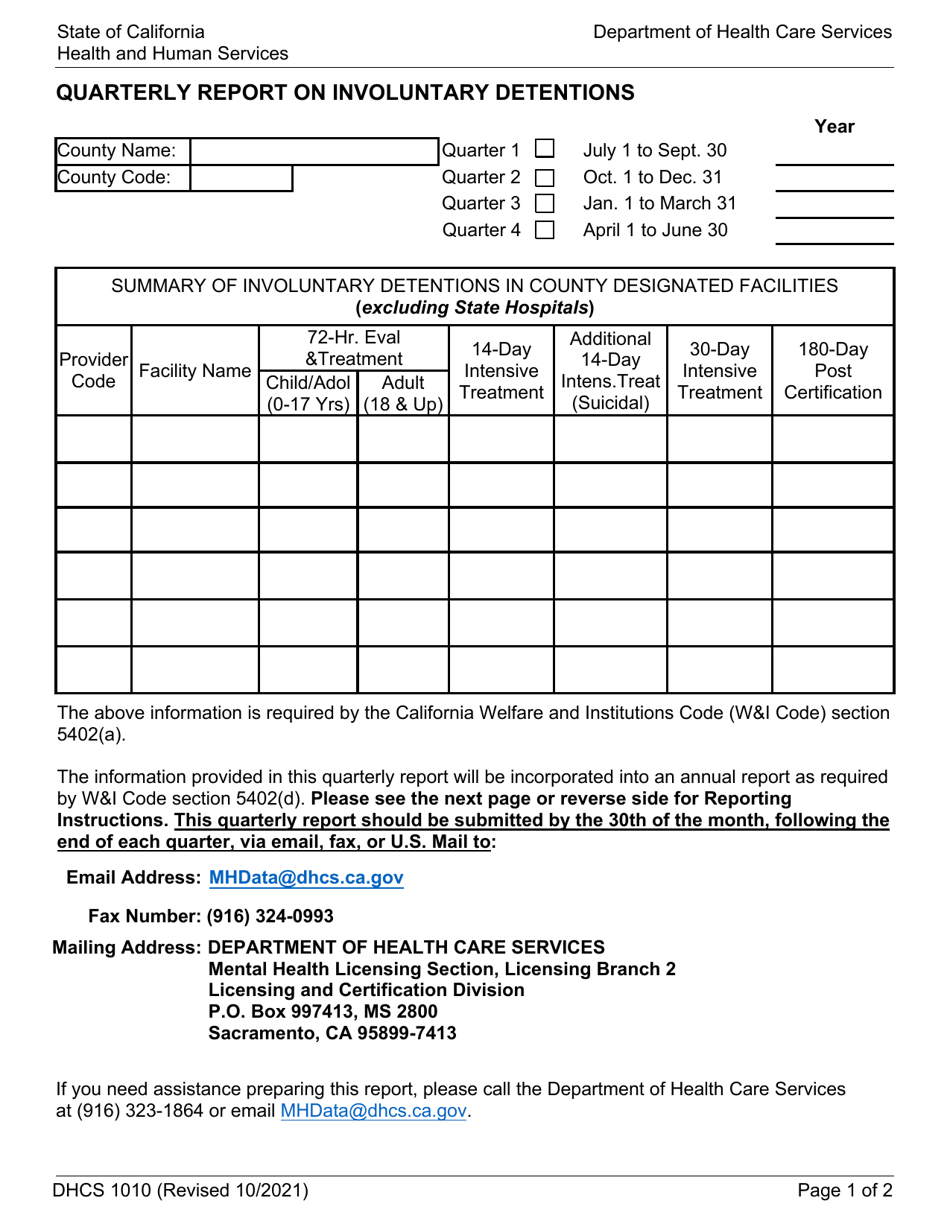 Form DHCS1010 Download Fillable PDF or Fill Online Quarterly Report on ...