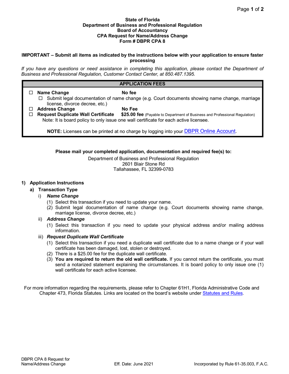 Form DBPR CPA8 Download Fillable PDF or Fill Online CPA Request for ...