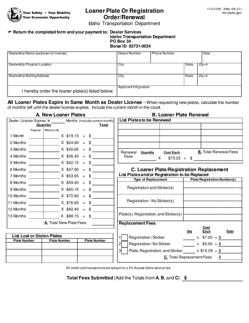 Form ITD3169 Download Fillable PDF or Fill Online Loaner Plate or ...