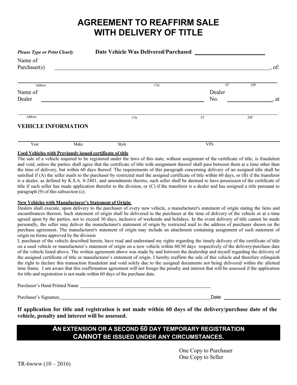 Form TR-6 Download Fillable PDF or Fill Online Agreement to Reaffirm ...