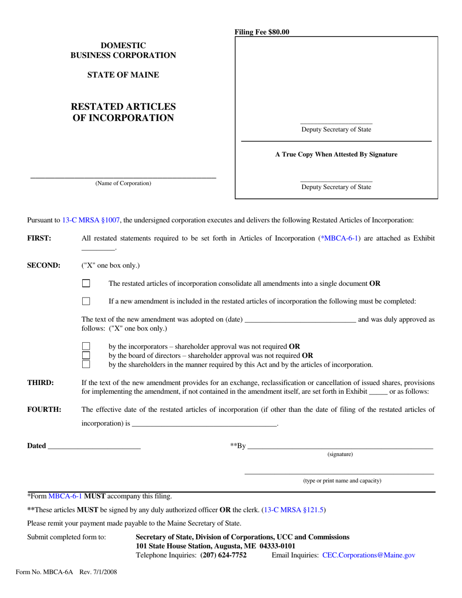 Form MBCA-6A Download Fillable PDF or Fill Online Restated Articles of ...