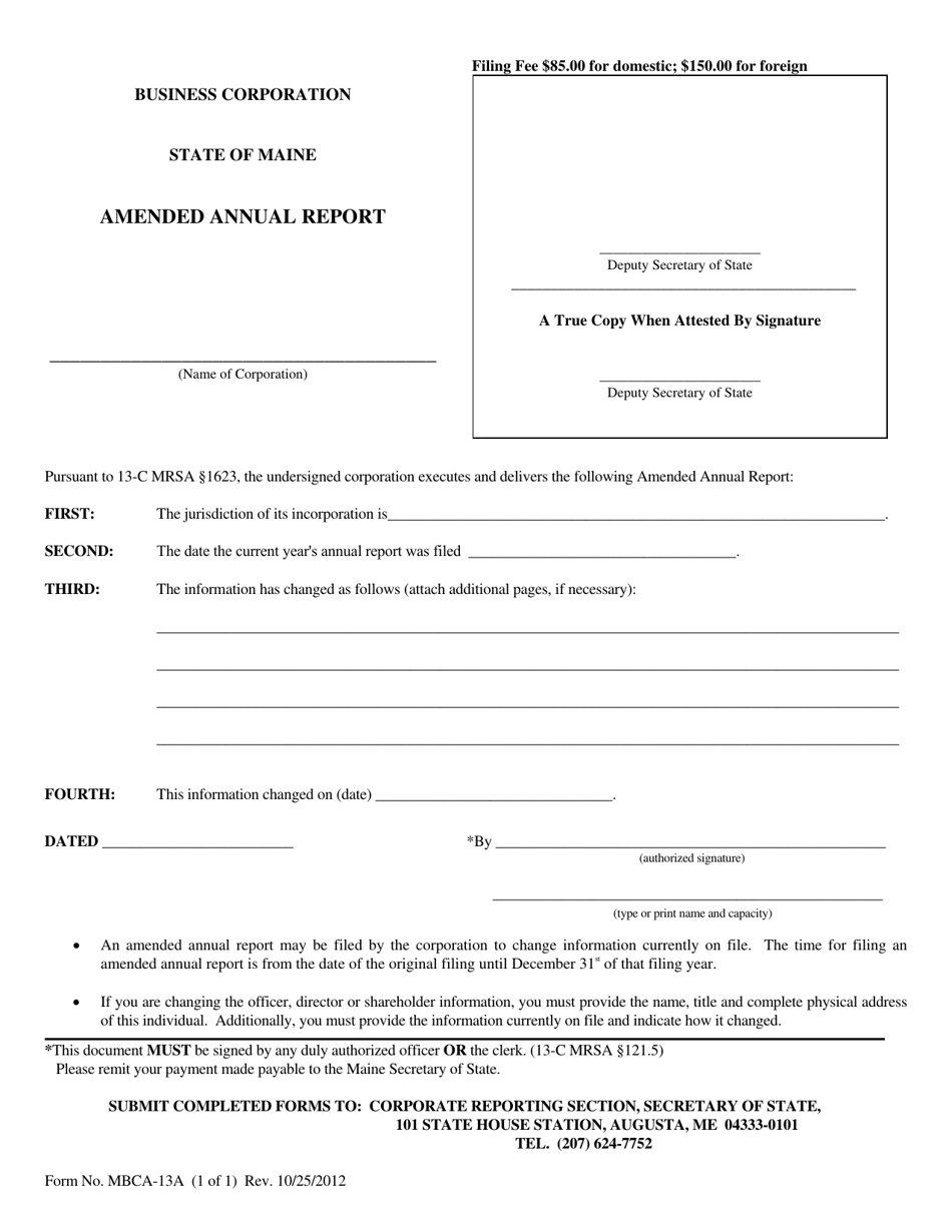 Form MBCA-13A Download Fillable PDF or Fill Online Amended Annual ...