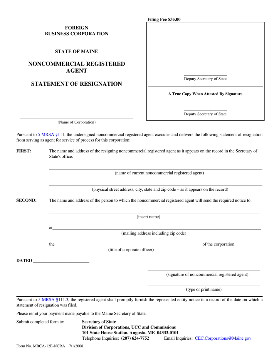 Form MBCA-12E-NCRA Download Fillable PDF or Fill Online Resignation of ...
