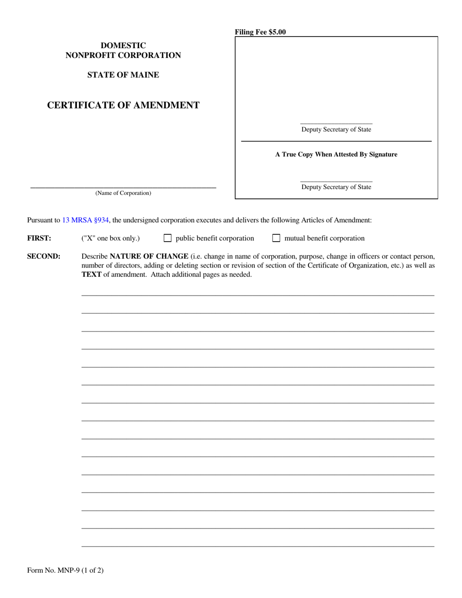 Form MNP-9 Download Fillable PDF or Fill Online Certificate of Amendment, Maine 2014 — 2025 ...