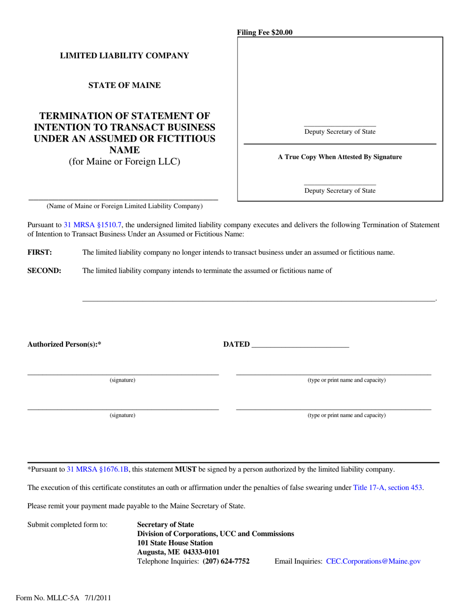 Form MLLC-5A Download Fillable PDF or Fill Online Termination of Statement of Intention to ...