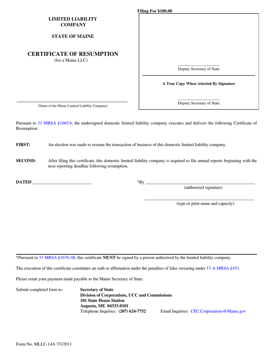 Form MLLC-14A Download Fillable PDF or Fill Online Certificate of ...