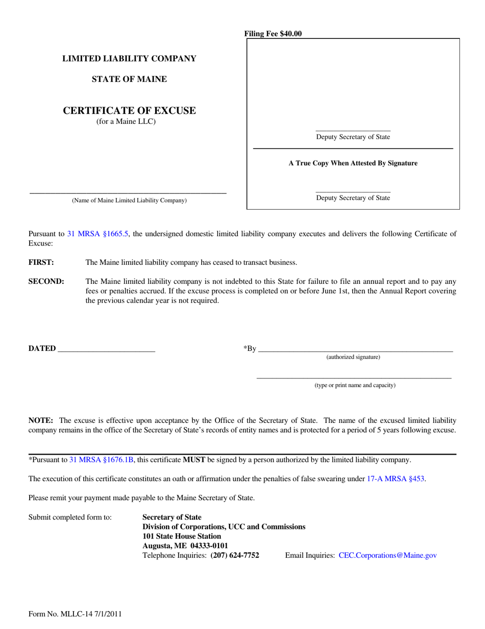Form MLLC-14 - Fill Out, Sign Online and Download Fillable PDF, Maine ...