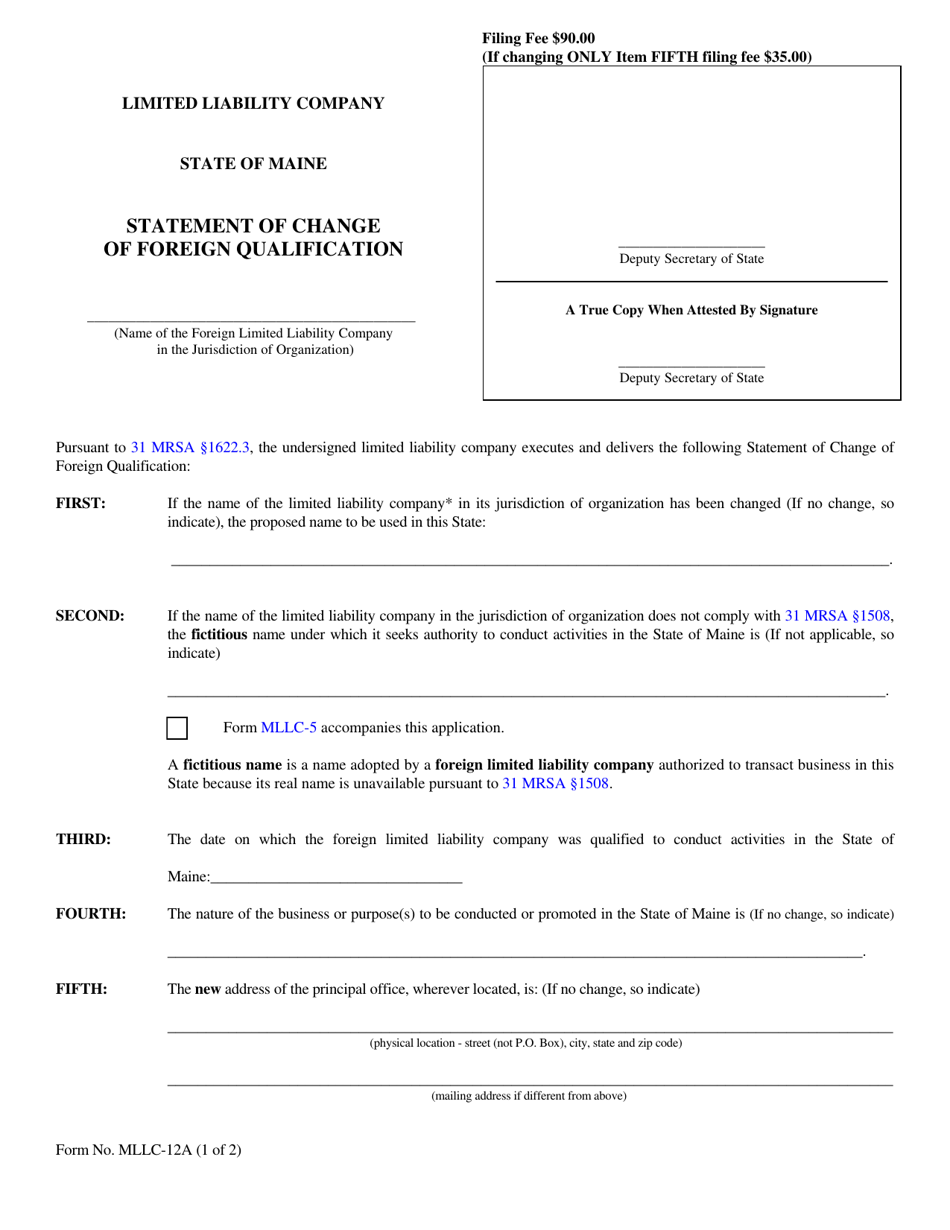Form MLLC-12A Download Fillable PDF or Fill Online Statement of Change ...