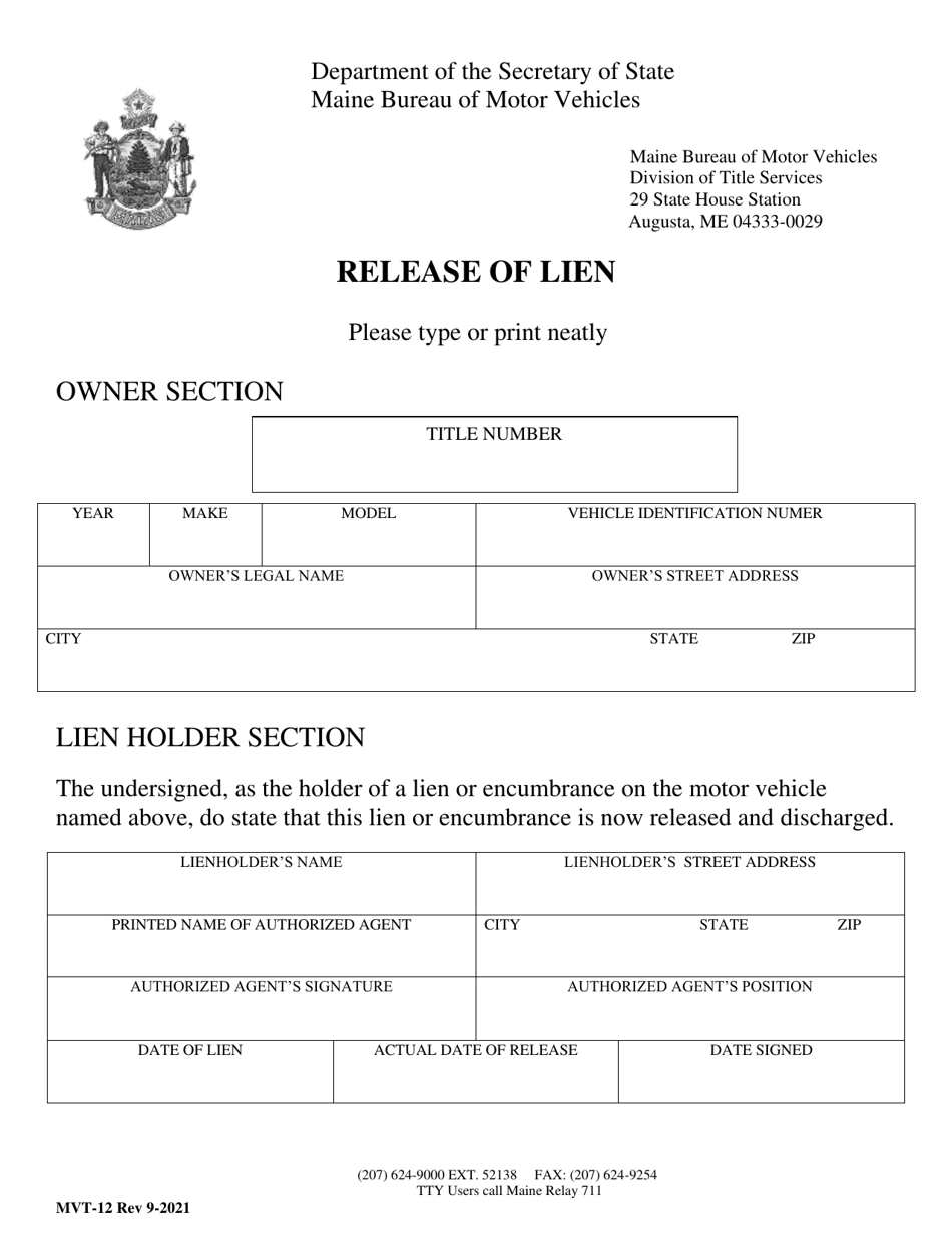 Form MVT-12 Download Fillable PDF or Fill Online Release of Lien, Maine ...