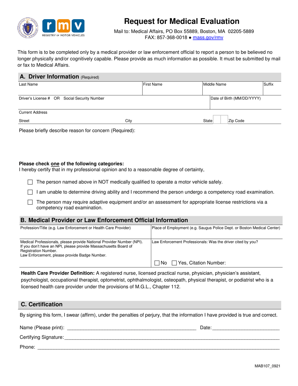 Form MAB107 Download Fillable PDF or Fill Online Request for Medical ...