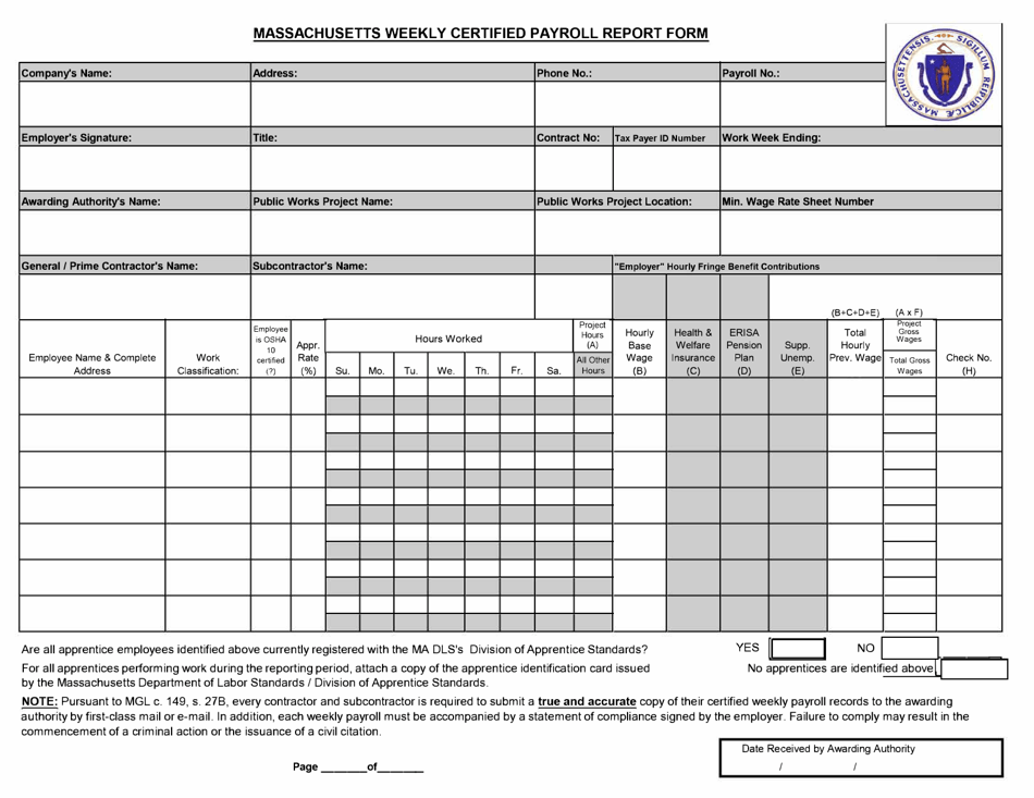 Massachusetts Massachusetts Weekly Certified Payroll Report Form - Fill ...