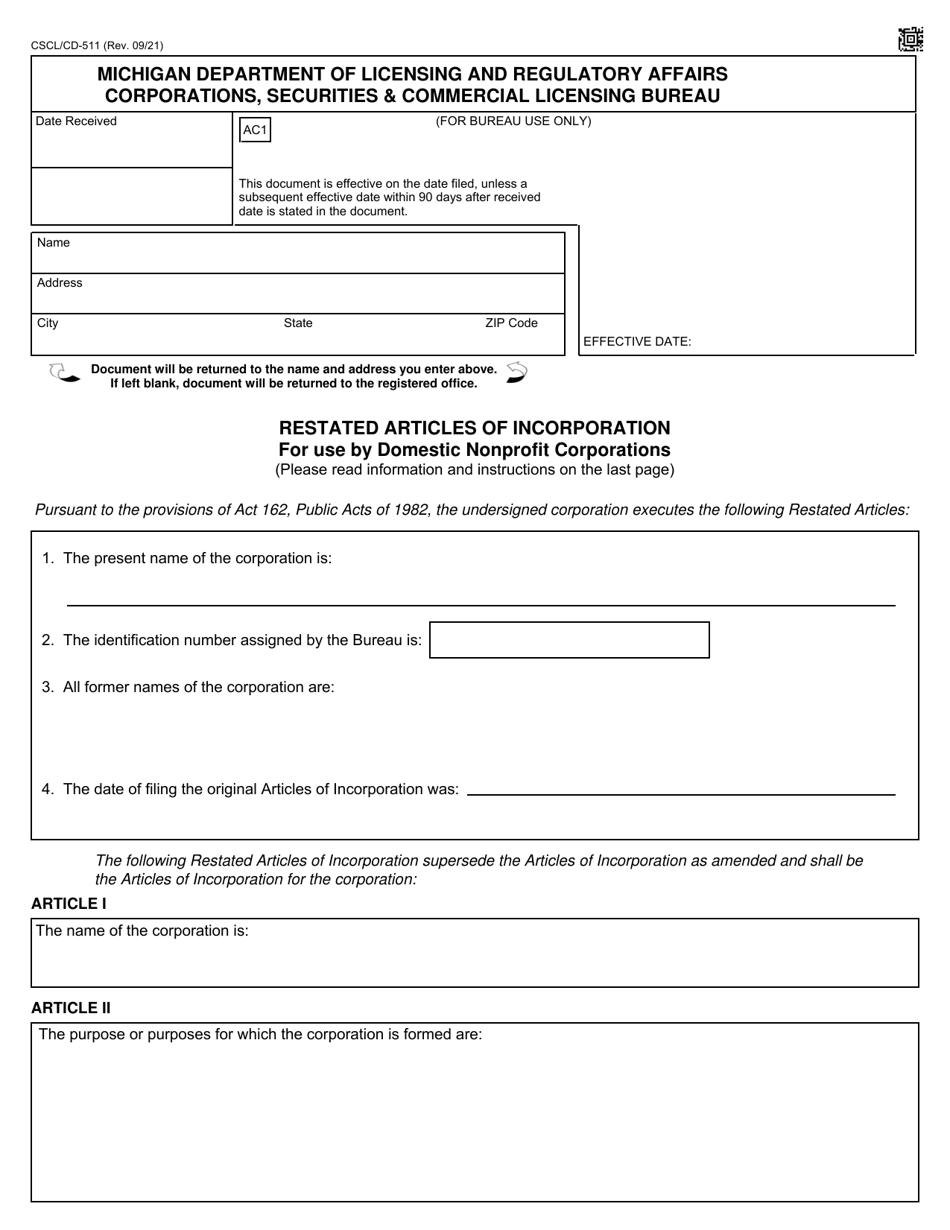 Form CSCL/CD-511 Download Fillable PDF or Fill Online Restated Articles ...