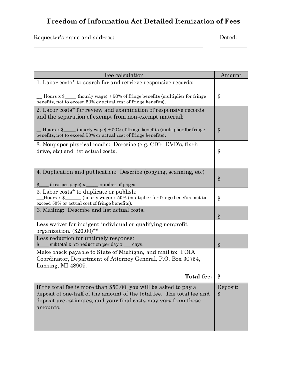 Michigan Freedom of Information Act Detailed Itemization of Fees - Fill ...