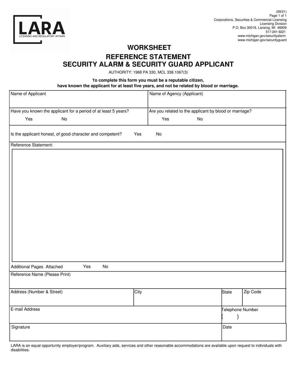 Michigan Personal Reference Worksheet - Security Alarm & Security Guard ...