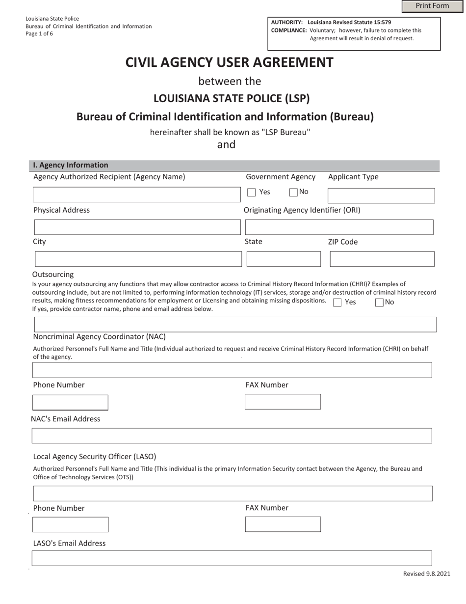 Louisiana Civil Agency User Agreement Between the Louisiana State ...