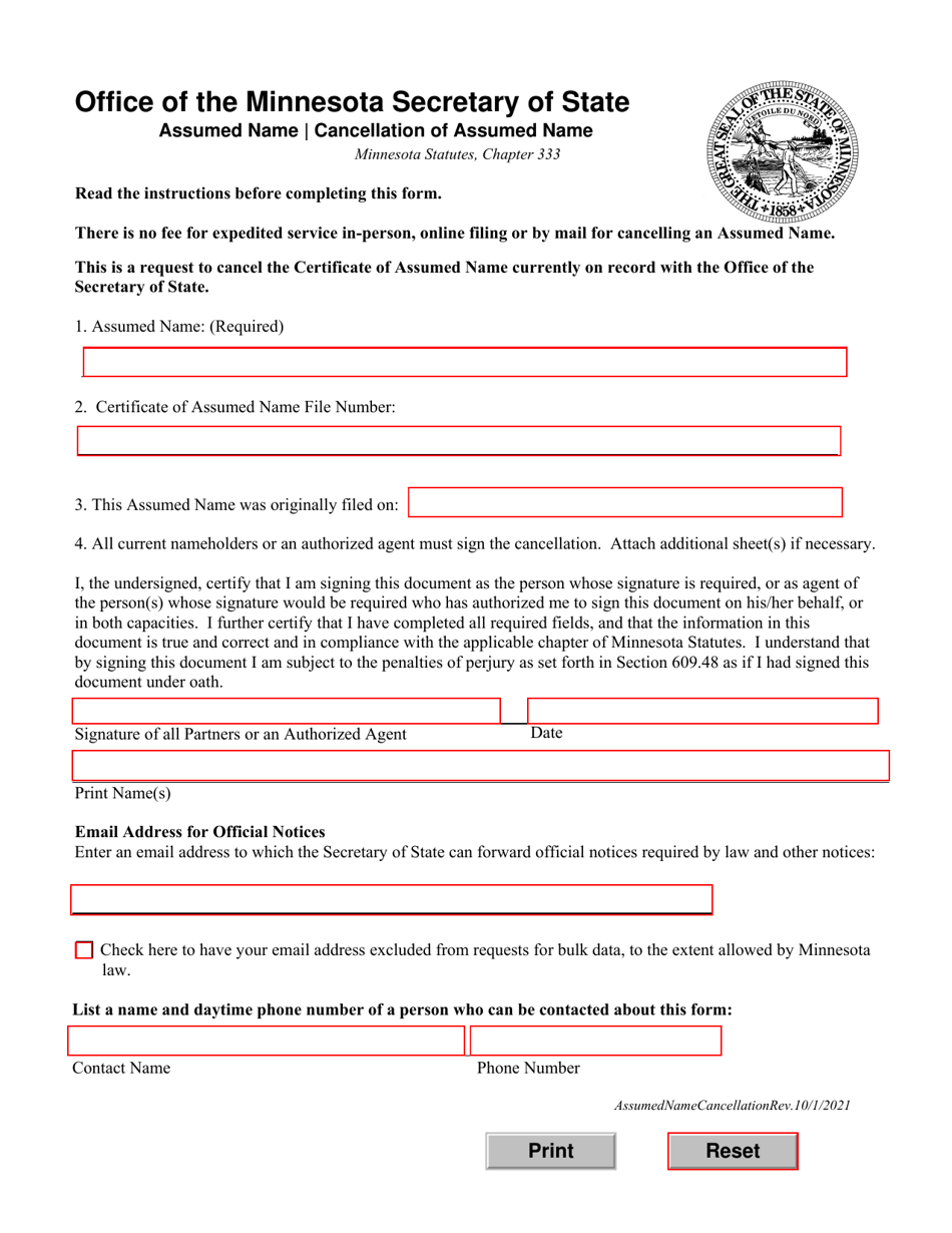 Minnesota Cancellation of Assumed Name Download Fillable PDF | Templateroller