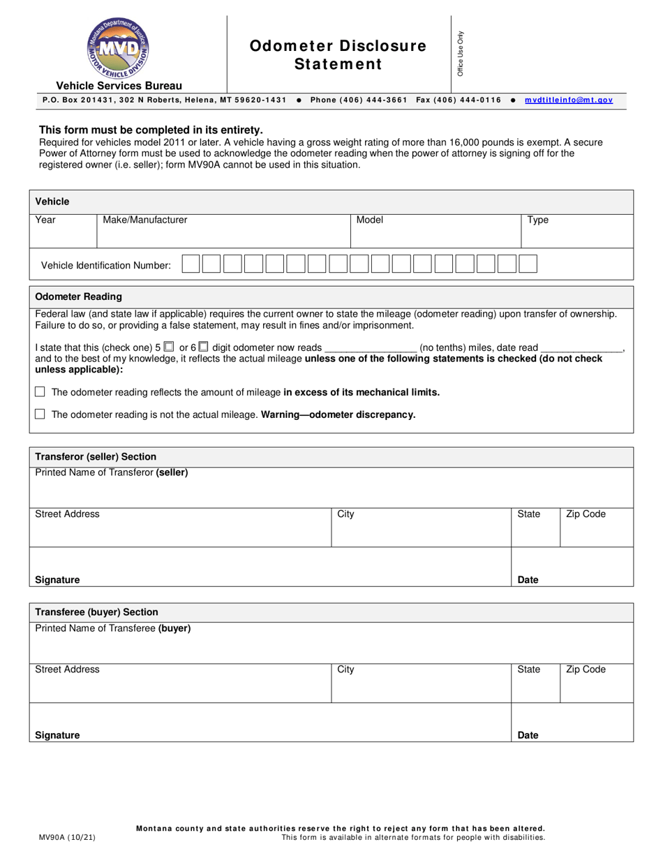Form MV90A Download Fillable PDF or Fill Online Odometer Disclosure ...