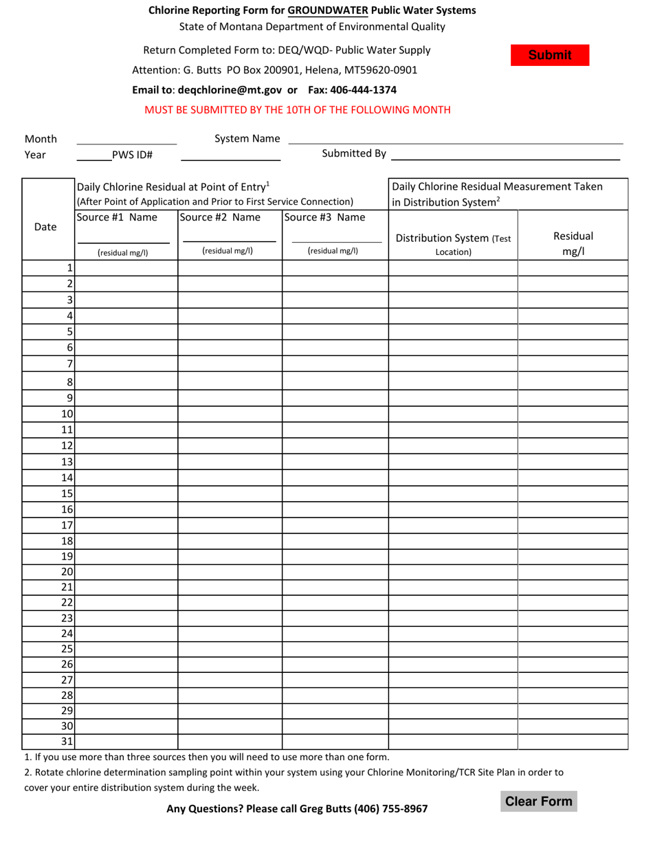 Montana Chlorine Reporting Form for Groundwater Public Water Systems ...