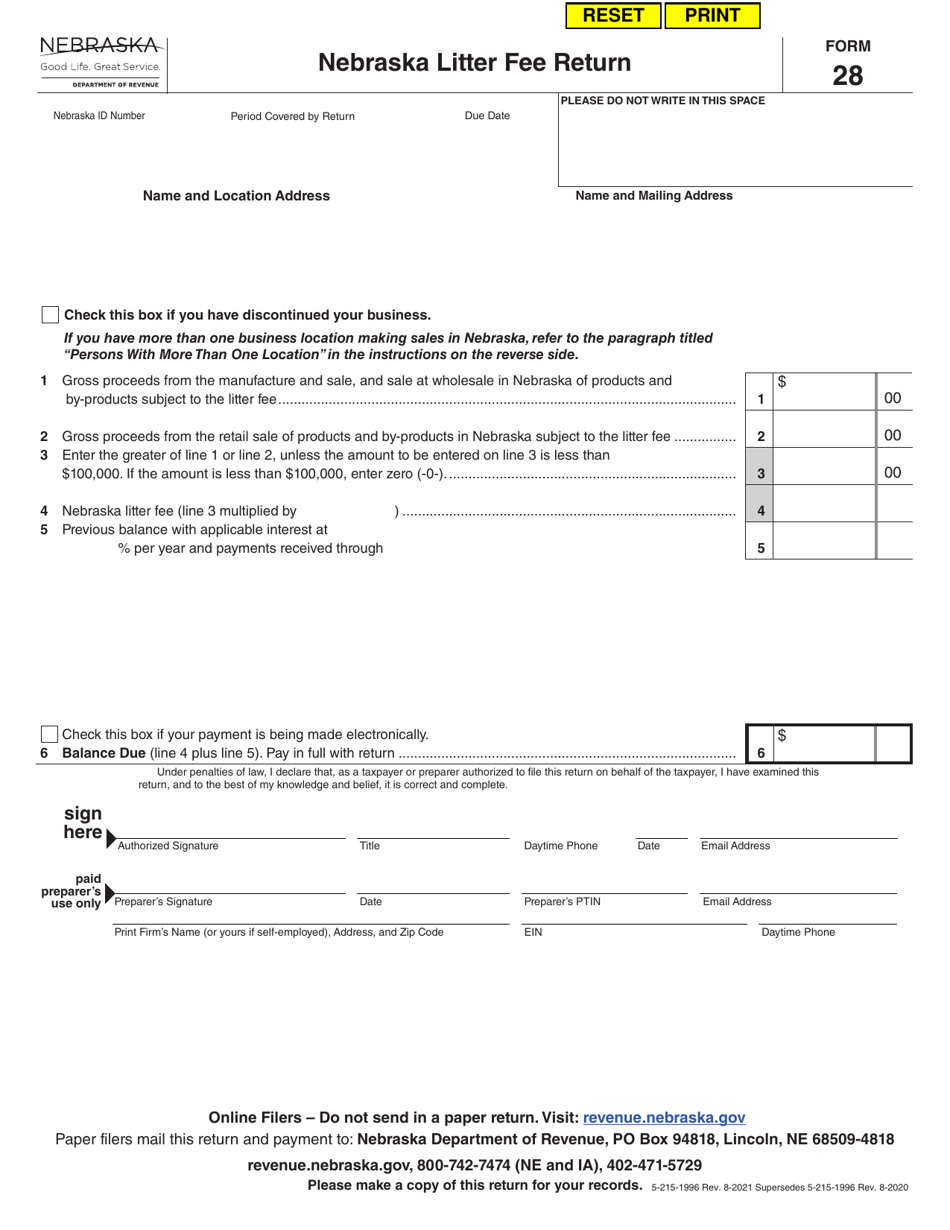 Form 28 Download Fillable PDF or Fill Online Nebraska Litter Fee Return ...