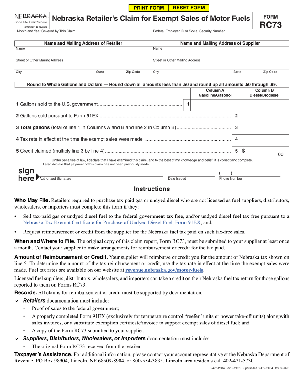 Form RC73 Download Fillable PDF or Fill Online Nebraska Retailer's ...