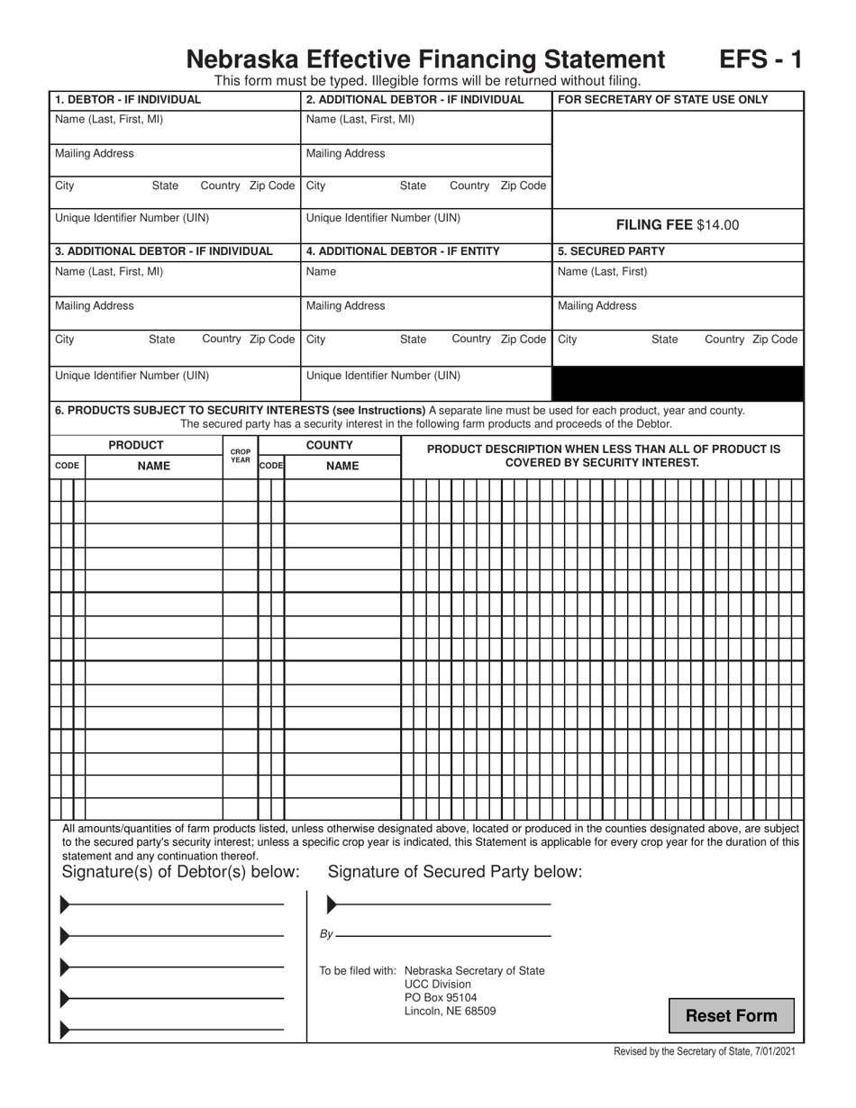 Form EFS-1 Download Fillable PDF or Fill Online Nebraska Effective ...