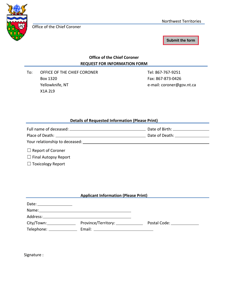 Northwest Territories Canada Request for Information Form - Fill Out ...
