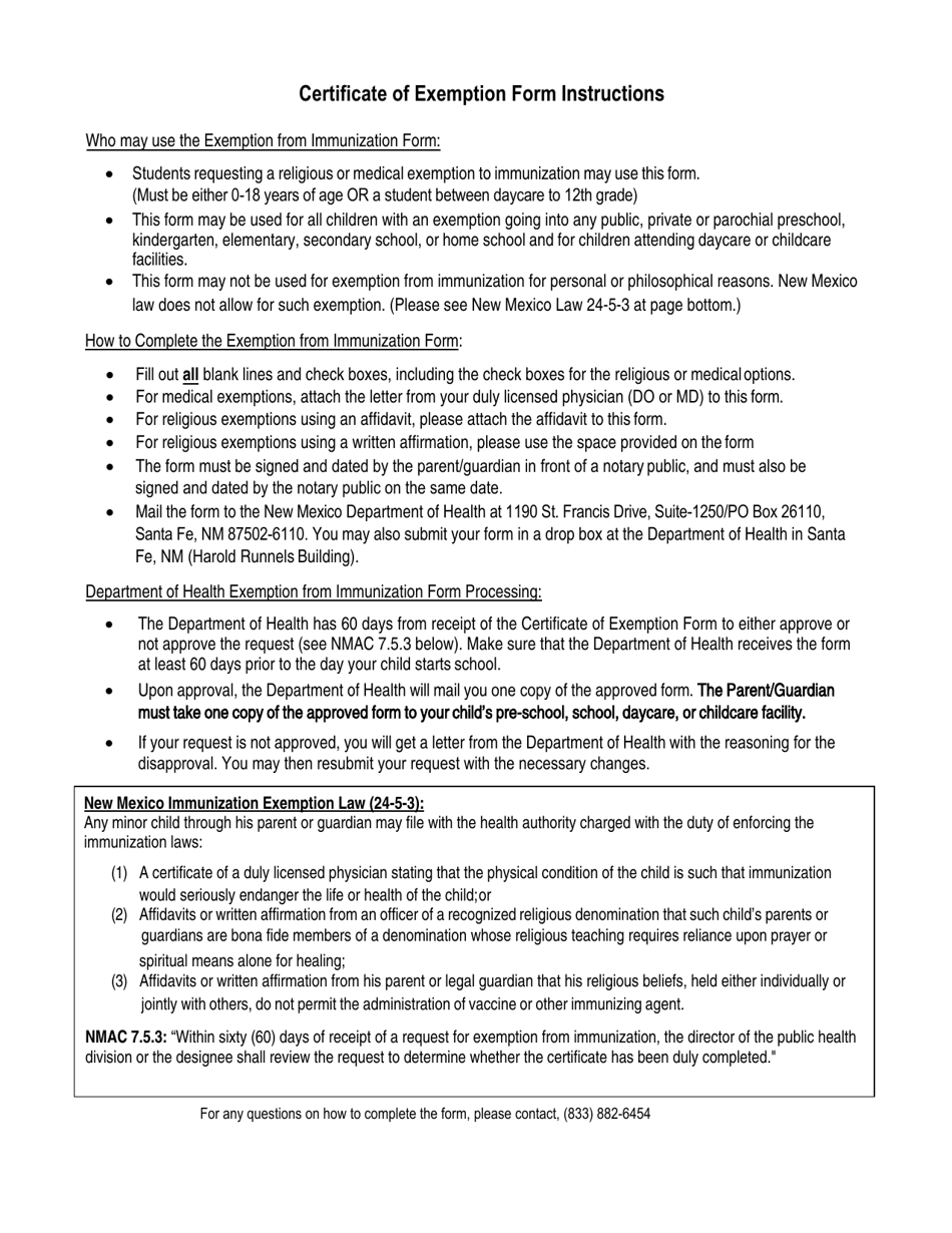 New Mexico Certificate of Exemption From School/Daycare Immunization ...