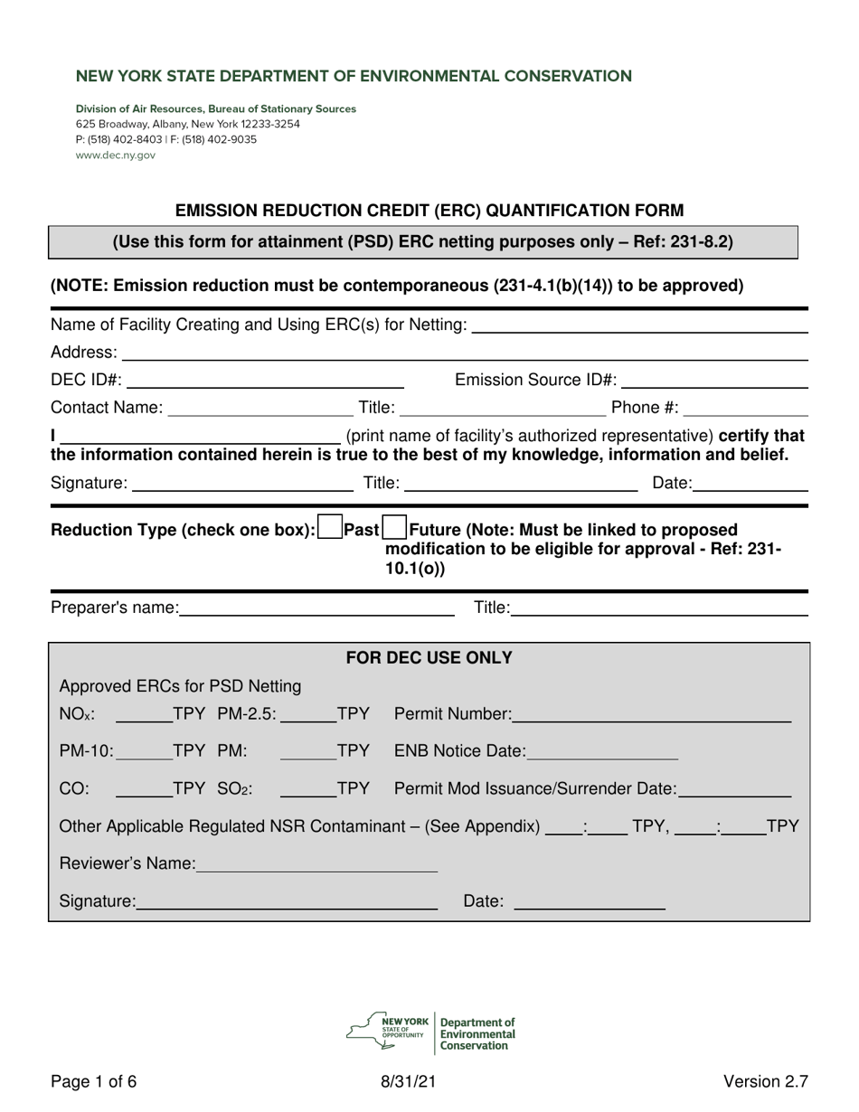 New York Emission Reduction Credit (Erc) Quantification Form ...