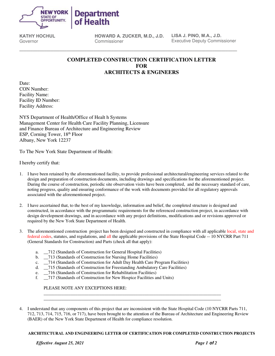 New York Completed Construction Certification Letter for Architects ...