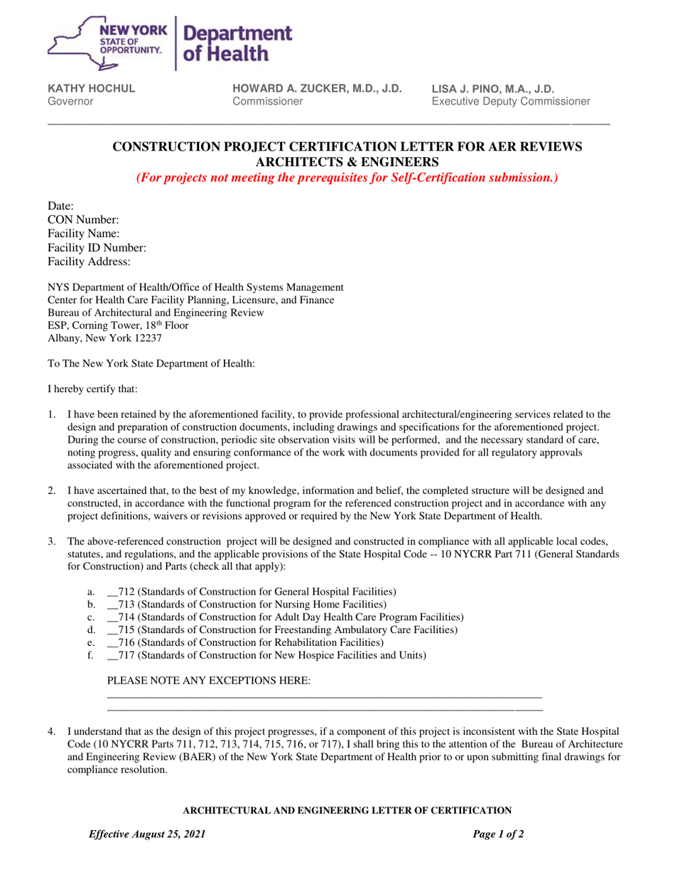 New York Construction Project Certification Letter for AER Reviews ...