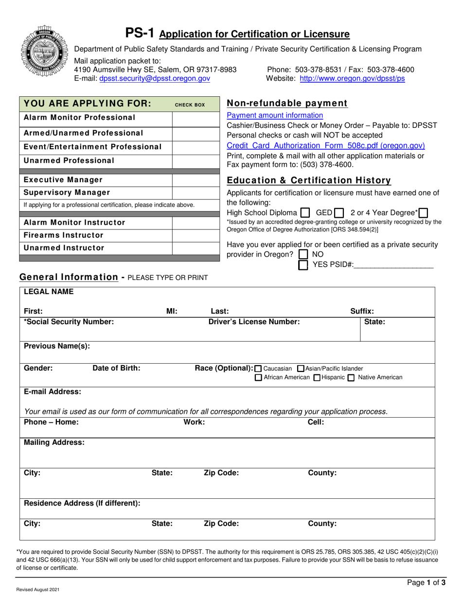 Form PS-1 - Fill Out, Sign Online and Download Fillable PDF, Oregon ...