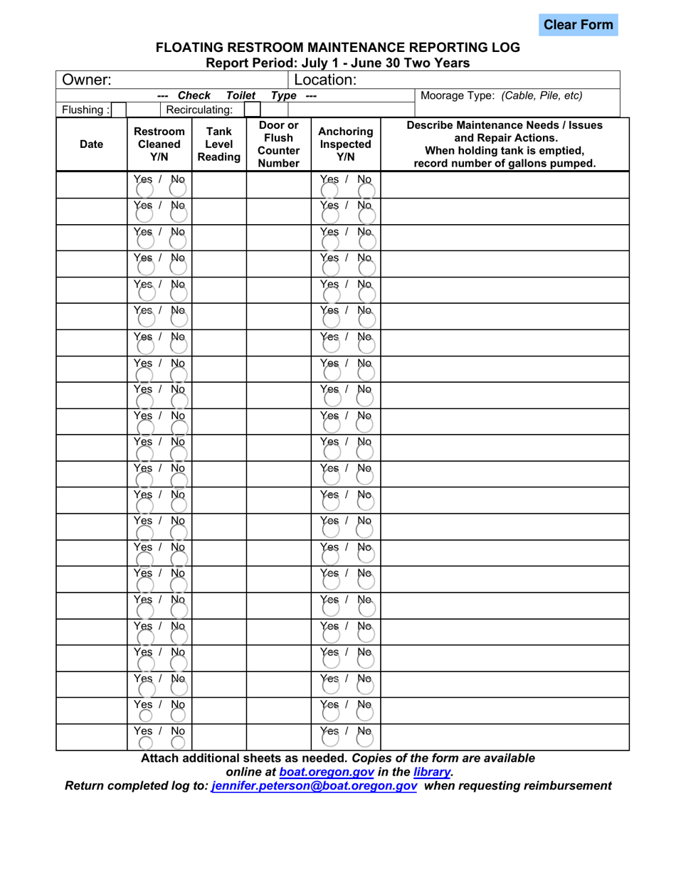 Oregon Floating Restroom Maintenance Reporting Log - Fill Out, Sign ...