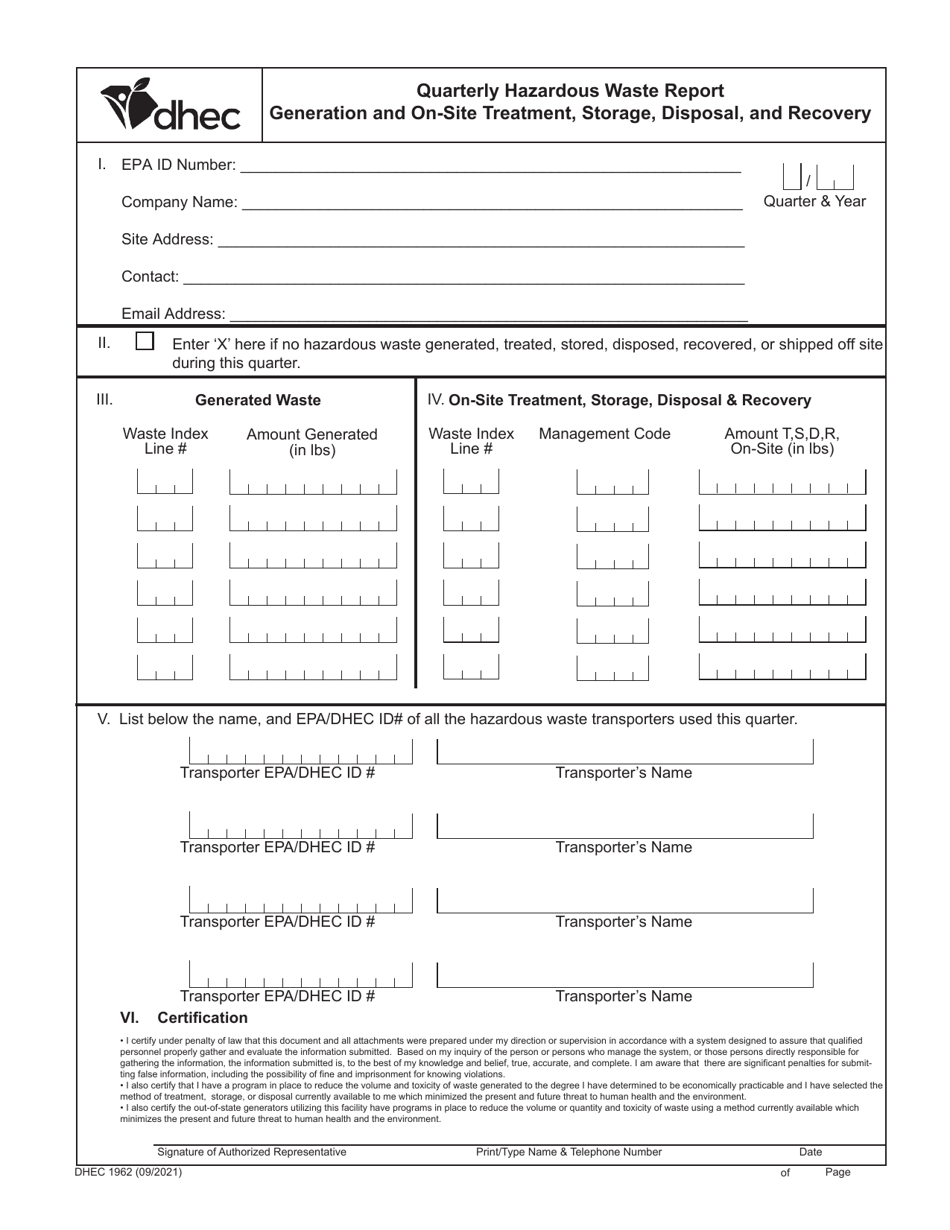 DHEC Form 1962 - Fill Out, Sign Online and Download Fillable PDF, South ...