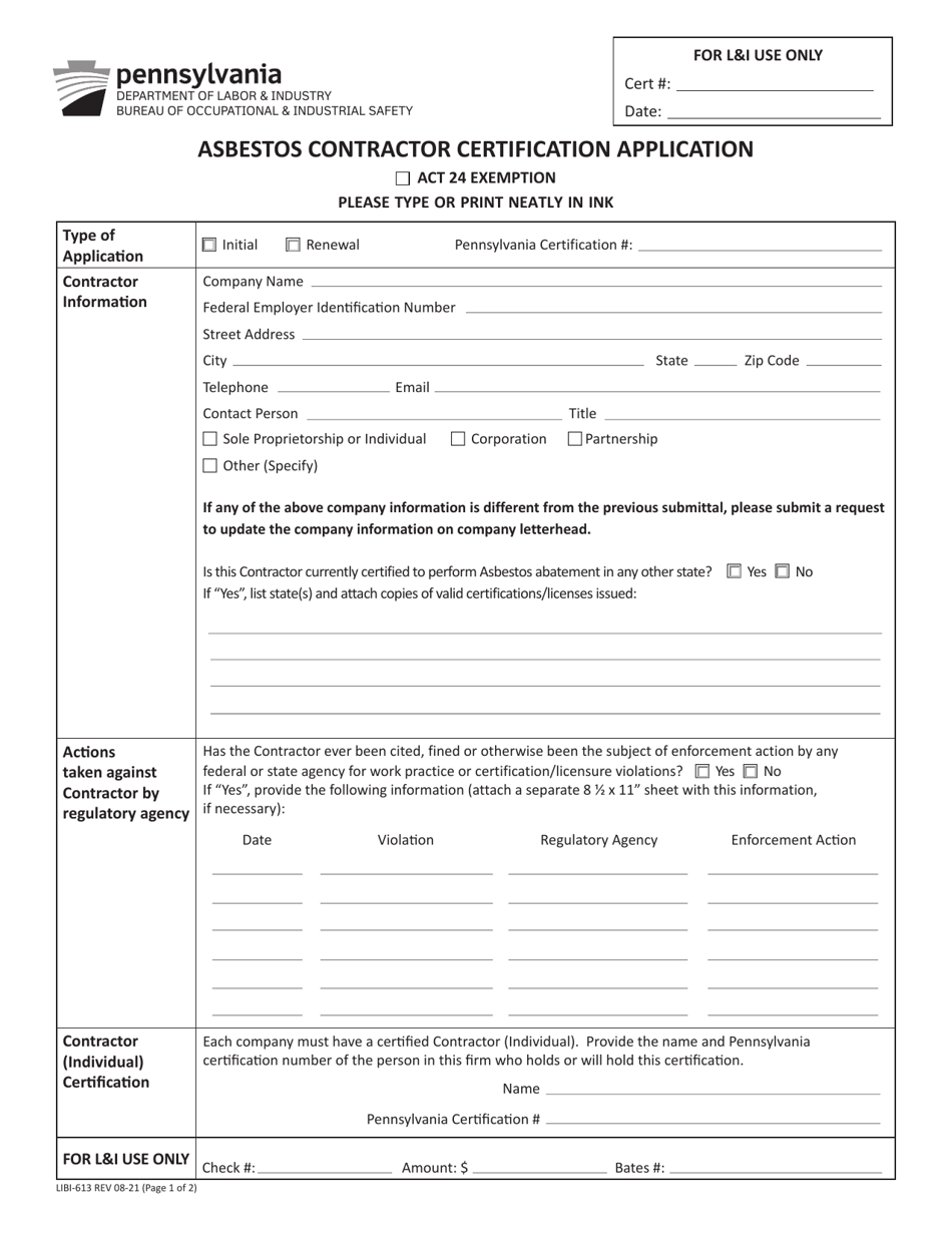 Form LIBI-613 Download Fillable PDF or Fill Online Asbestos Contractor ...