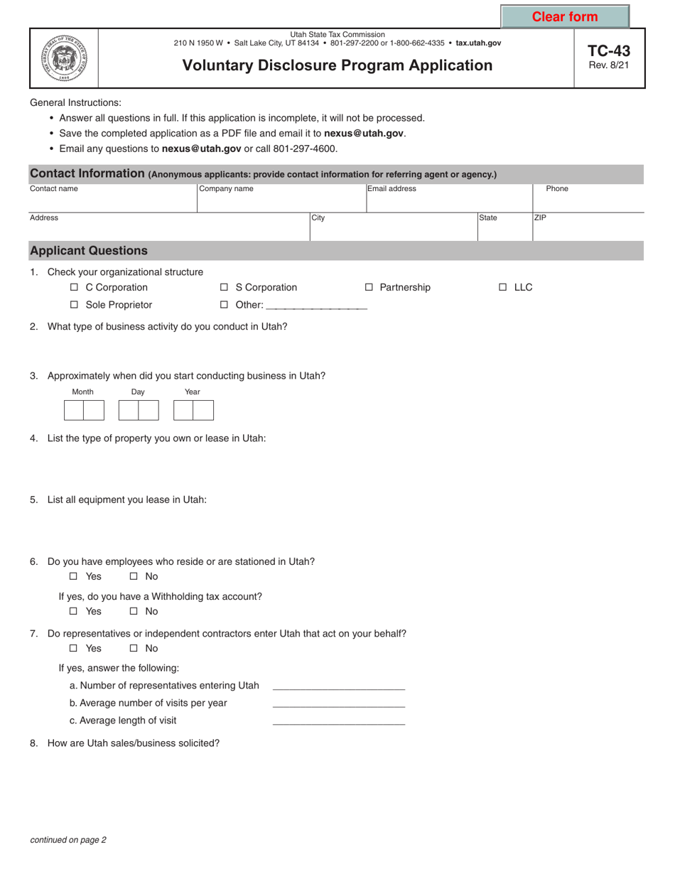 Form TC-43 Download Fillable PDF or Fill Online Voluntary Disclosure ...