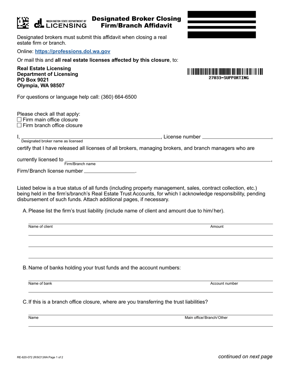 Form RE-620-072 Download Fillable PDF or Fill Online Designated Broker ...