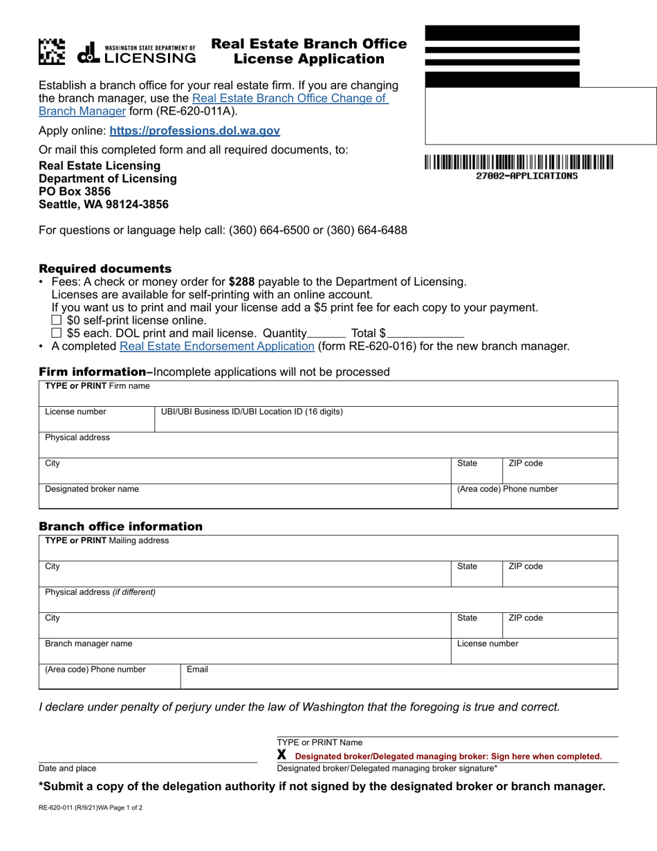 Form RE-620-011 Download Fillable PDF or Fill Online Real Estate Branch ...
