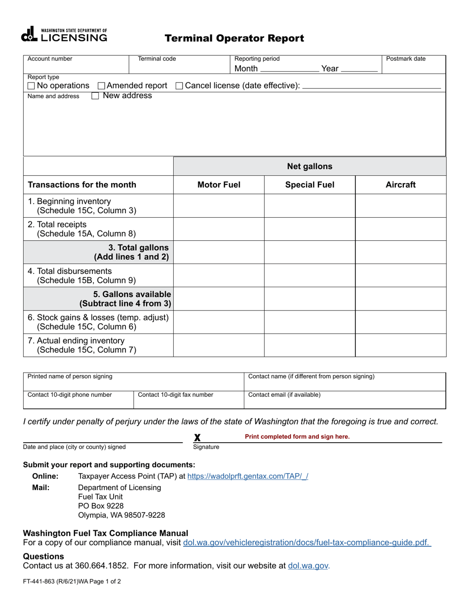 Form FT-441-863 Download Fillable PDF or Fill Online Terminal Operator ...