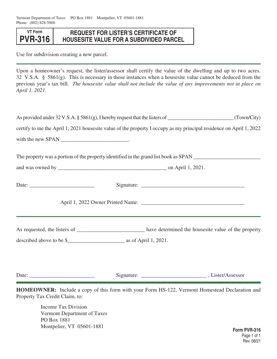 VT Form PVR-316 Download Printable PDF or Fill Online Request for ...