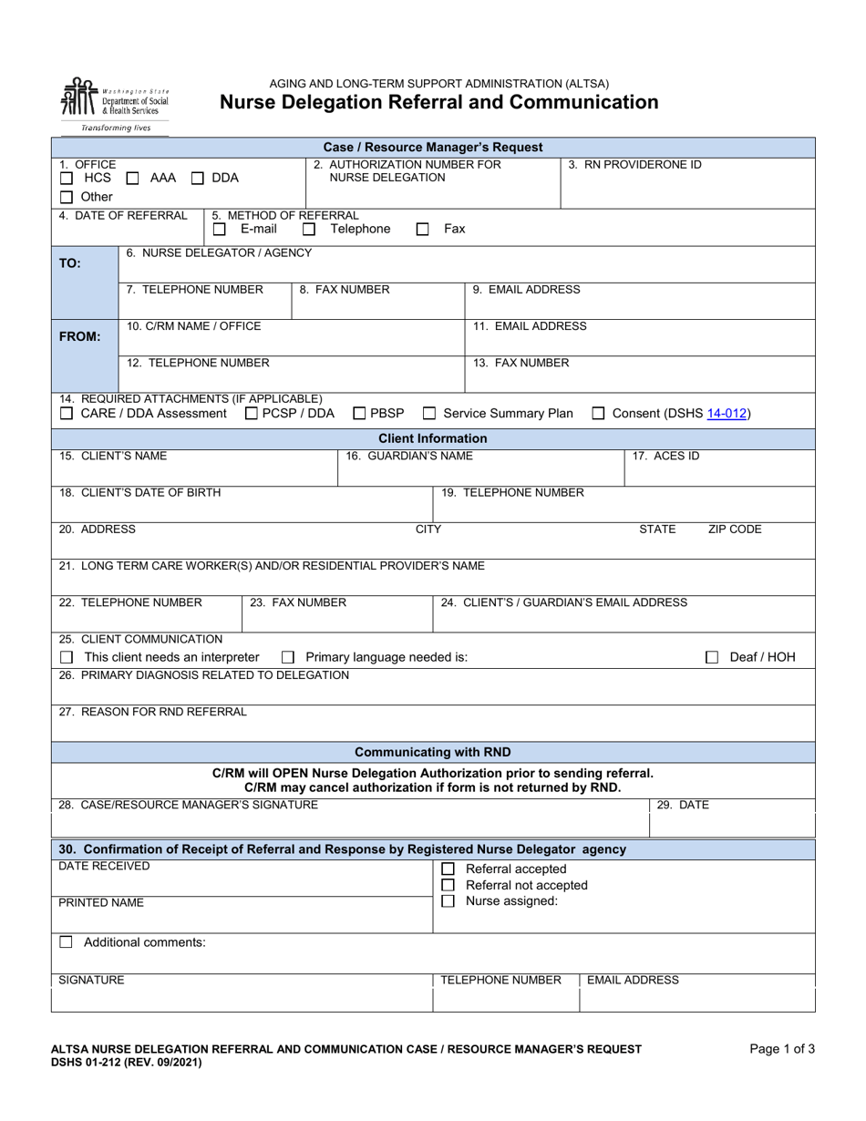 DSHS Form 01-212 Download Printable PDF or Fill Online Nurse Delegation ...