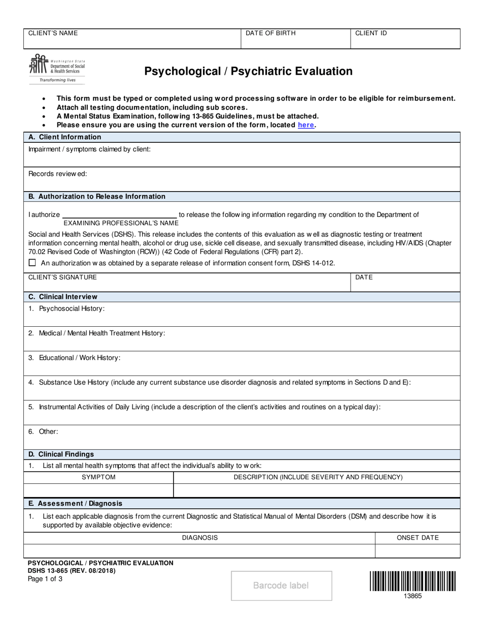 DSHS Form 13-865 - Fill Out, Sign Online and Download Printable PDF ...