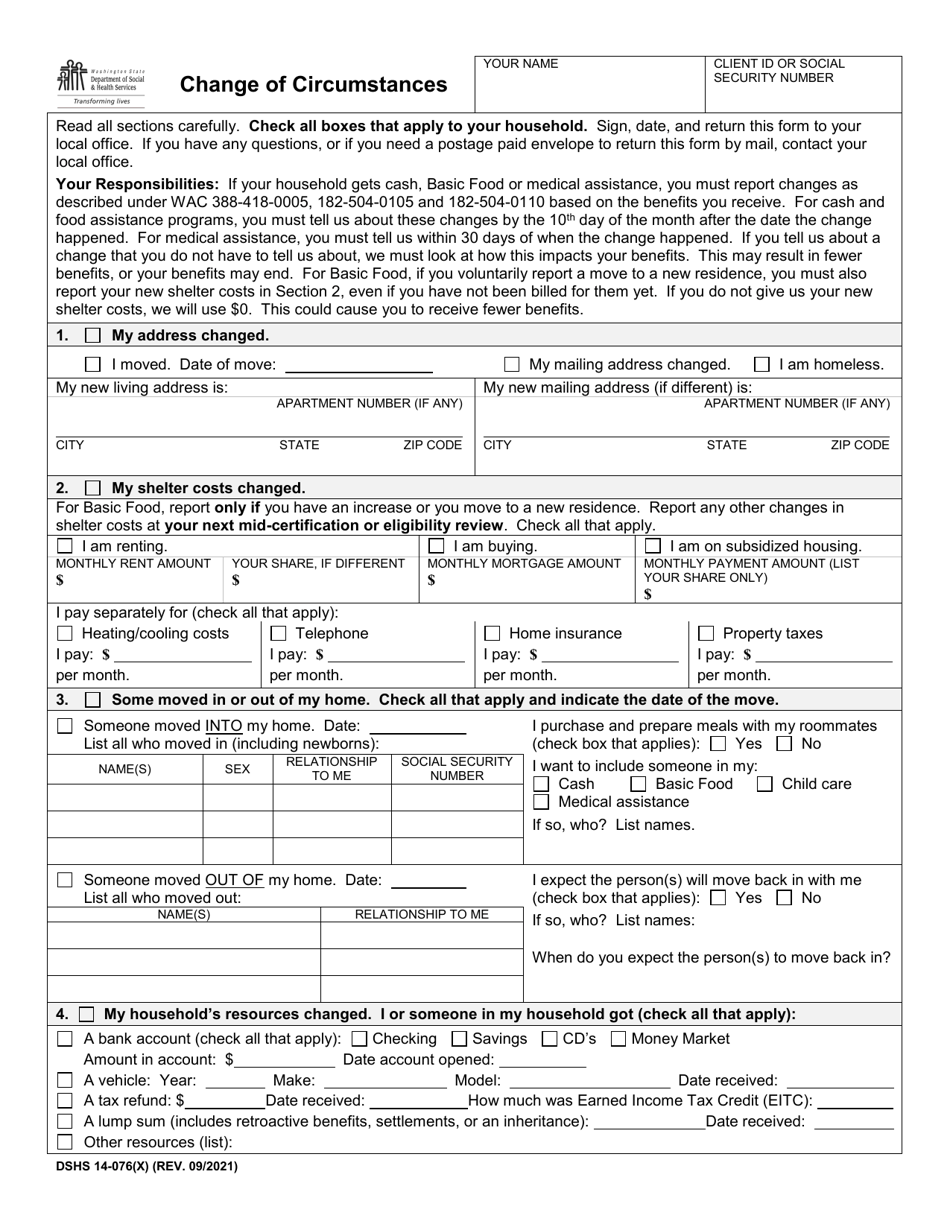 DSHS Form 14-076 Download Printable PDF or Fill Online Change of ...