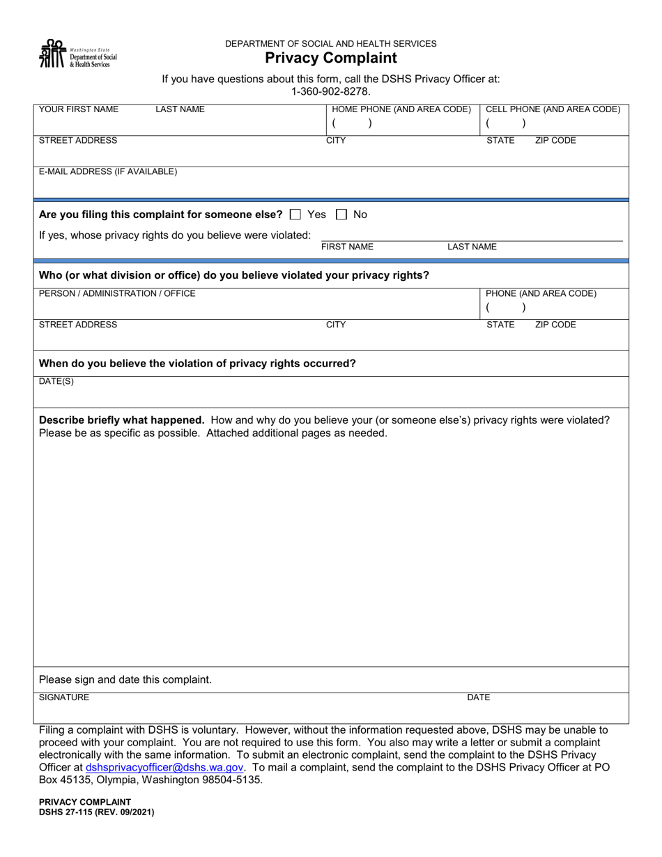 DSHS Form 27-115 Download Printable PDF or Fill Online Privacy ...