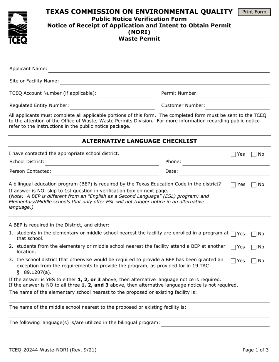 Form TCEQ-20244-WASTE-NORI - Fill Out, Sign Online and Download ...