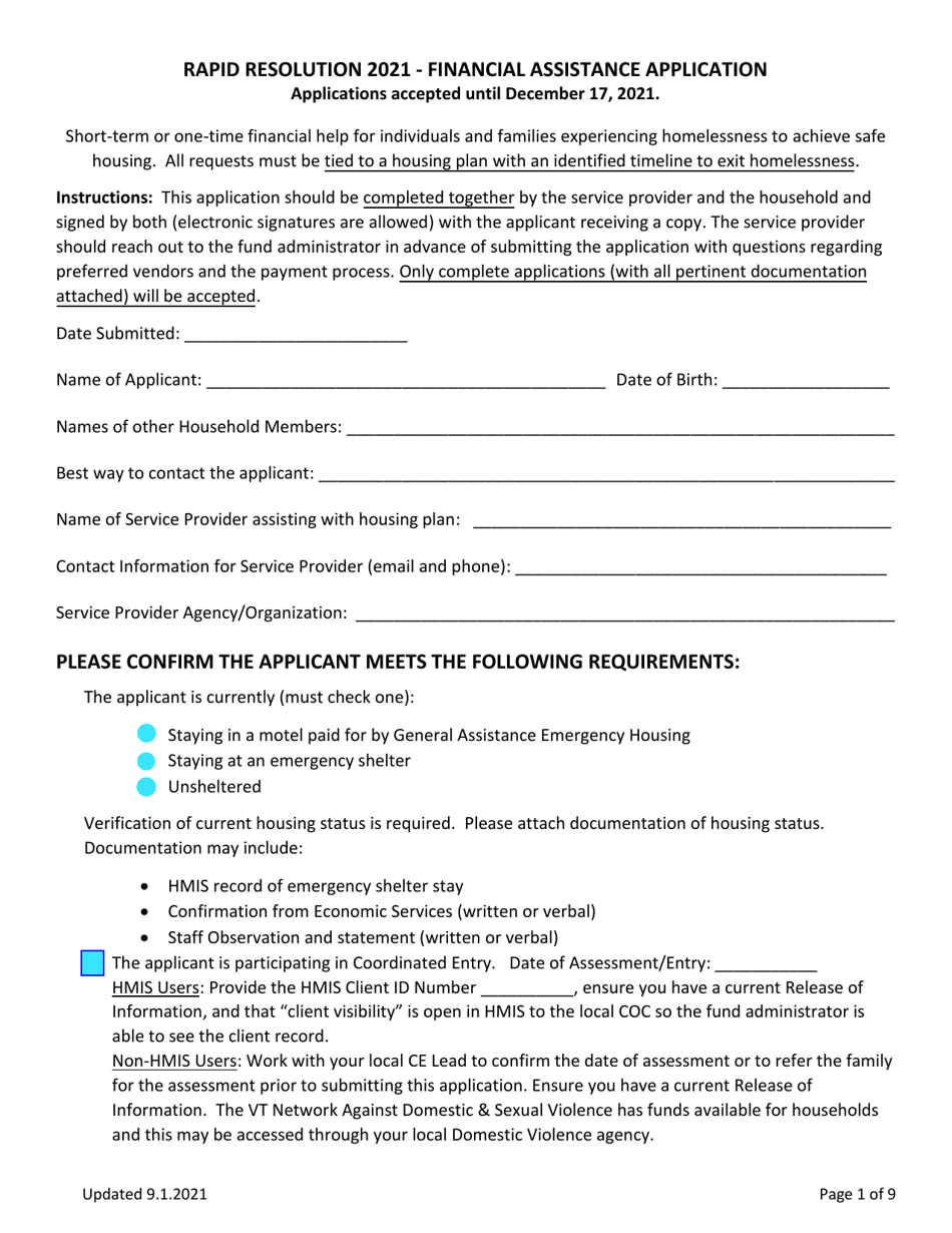 2021 Vermont Rapid Resolution - Financial Assistance Application ...